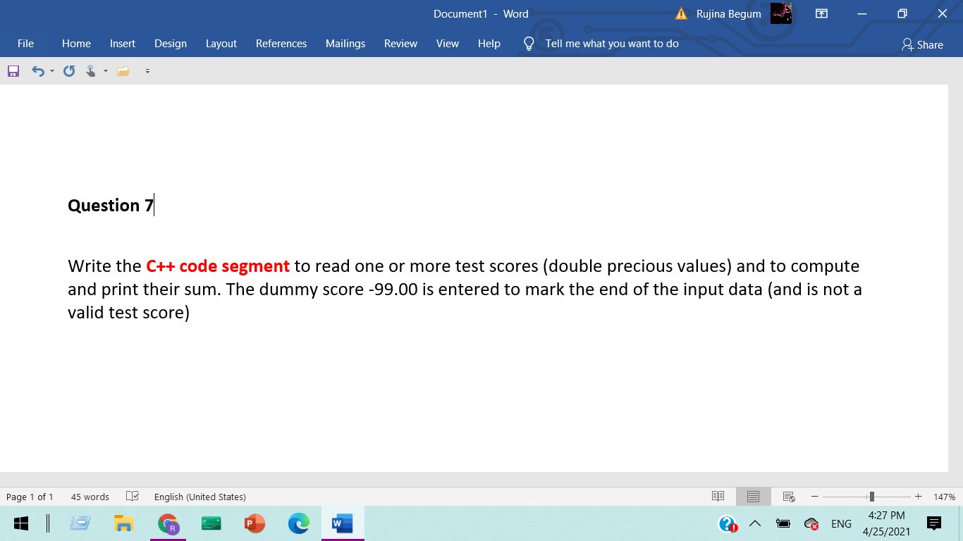 Solved Document1 - Word A Rujina Begum 0 X File Home Insert | Chegg.com