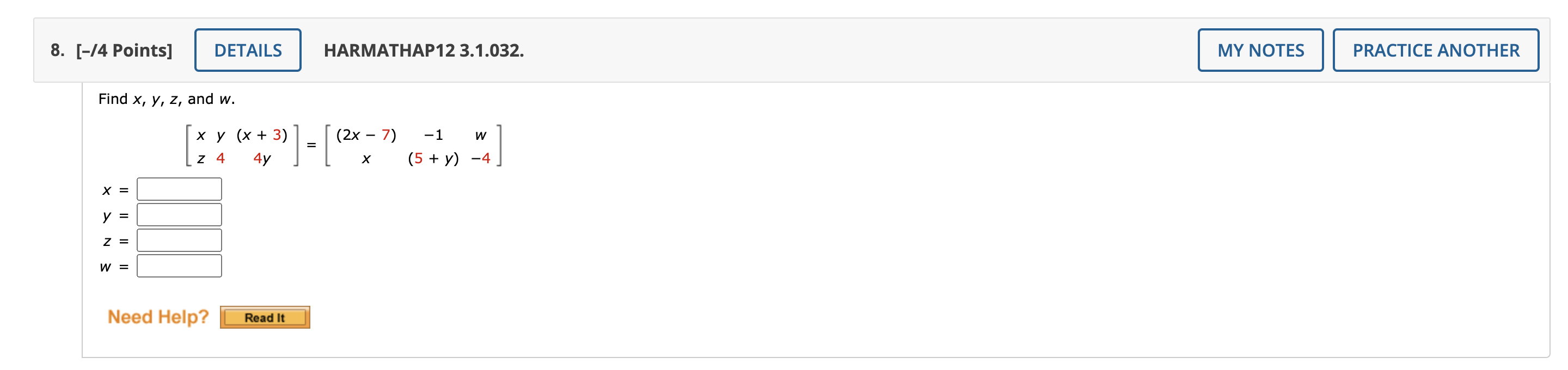 Solved -/4 Points] HARMATHAP12 3.1.032. Find x,y,z, and w. | Chegg.com
