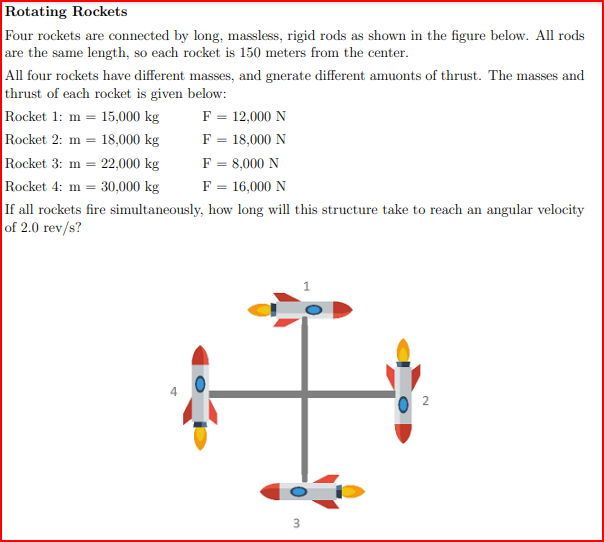 Solved Four rockets are connected by long, massless, rigid | Chegg.com