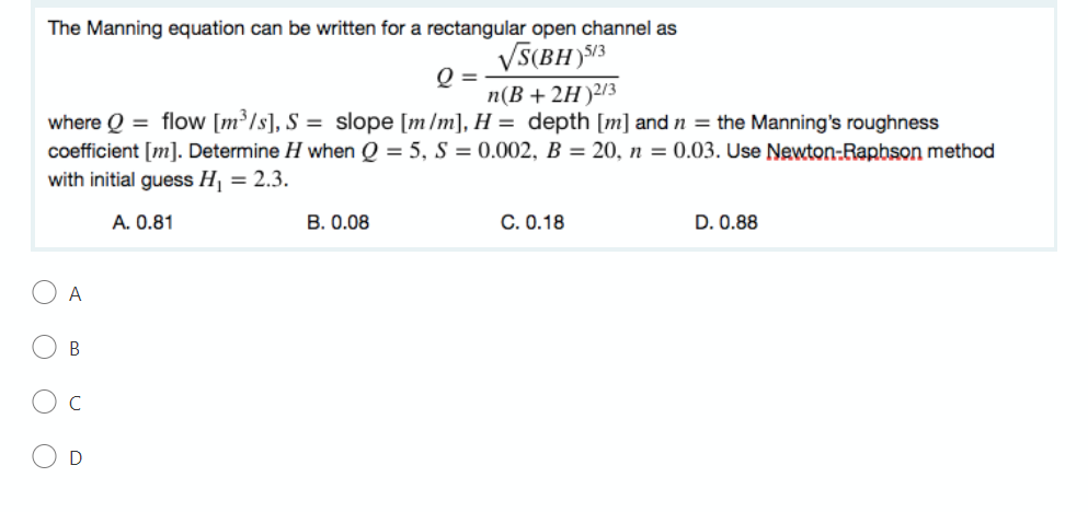 Solved The Manning equation can be written for a rectangular | Chegg.com