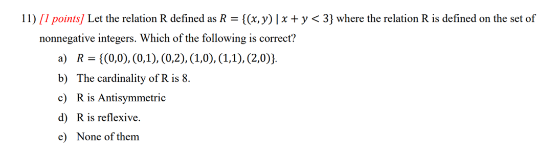 Solved 1) [1 points] Let the relation R defined as | Chegg.com