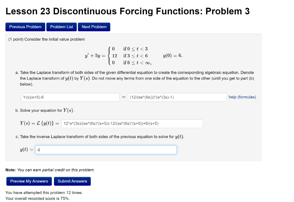 Solved Lesson 23 Discontinuous Forcing Functions: Problem 3 | Chegg.com