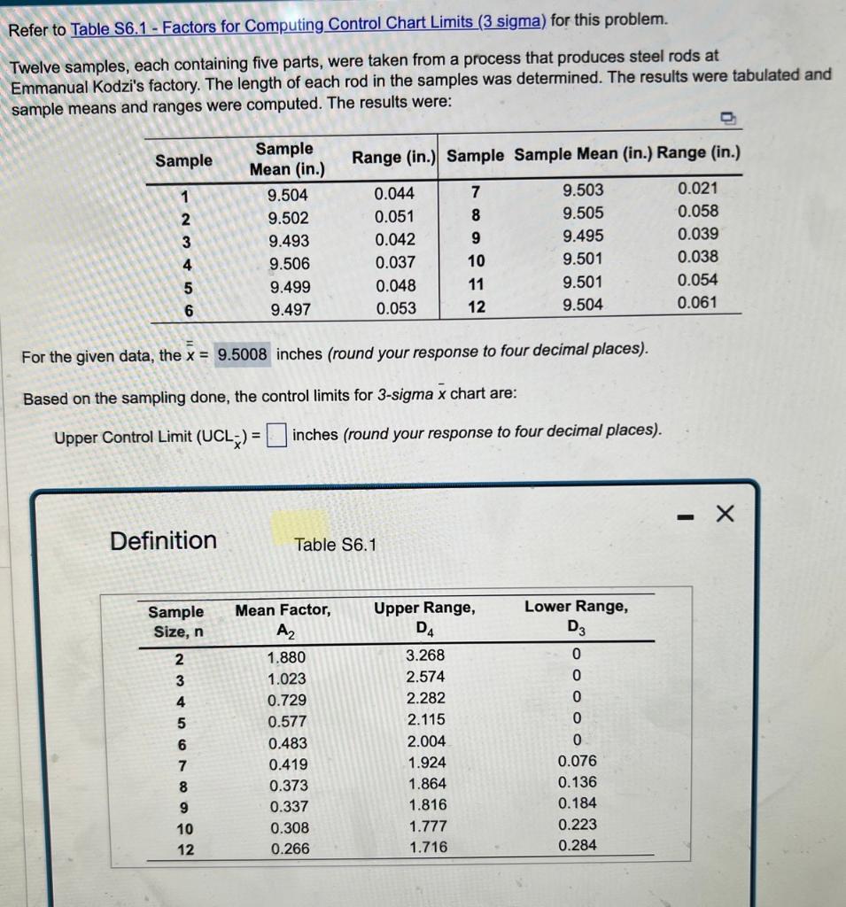 Solved Refer to Table S6.1 - Factors for Computing Control | Chegg.com