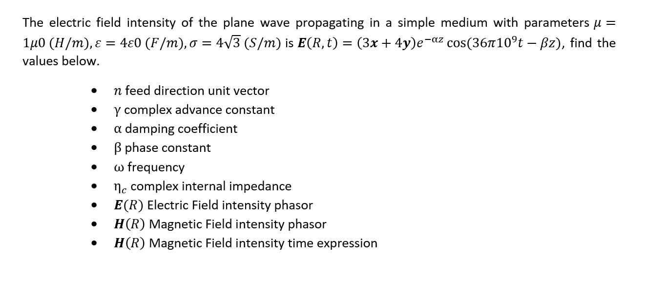 Solved The electric field intensity of the plane wave | Chegg.com