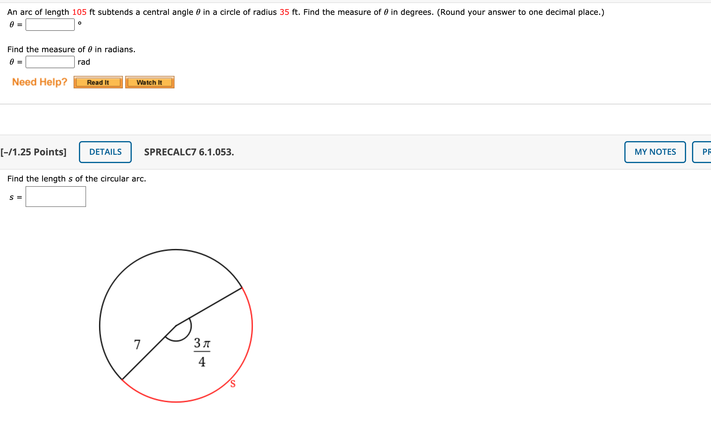 Solved An arc of length 105 ft subtends a central angle o in | Chegg.com