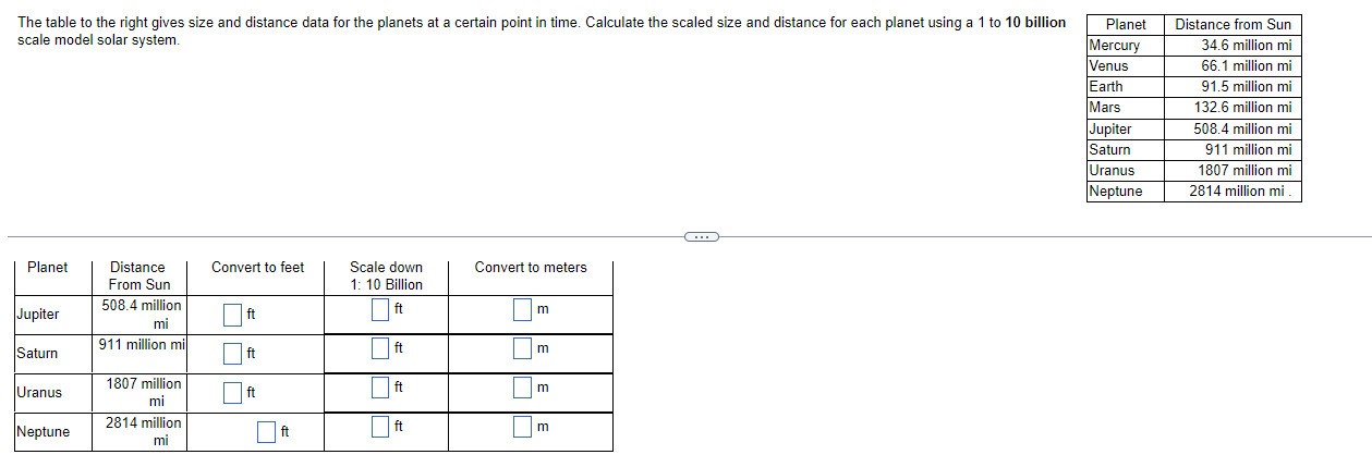 The table to the right gives size and distance data | Chegg.com