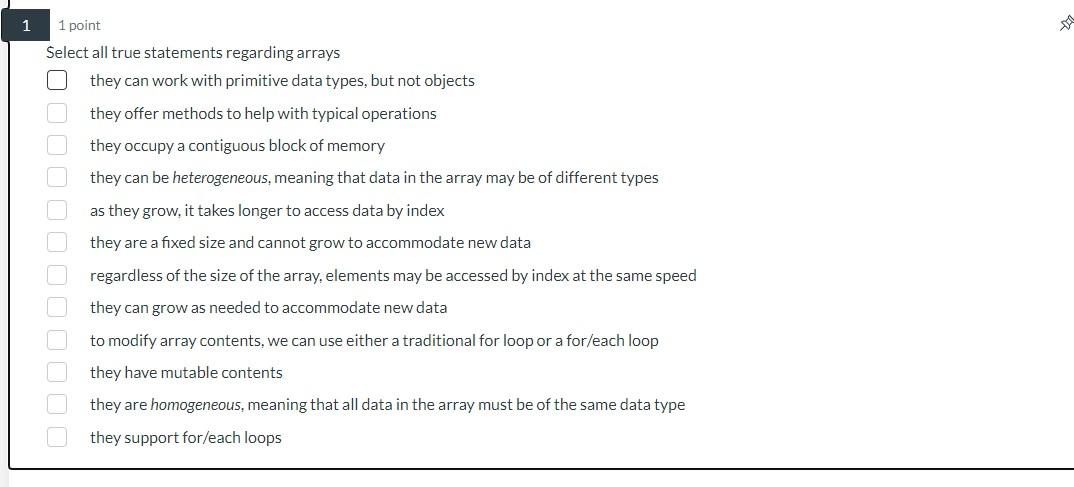Solved Select all true statements regarding arrays they can | Chegg.com