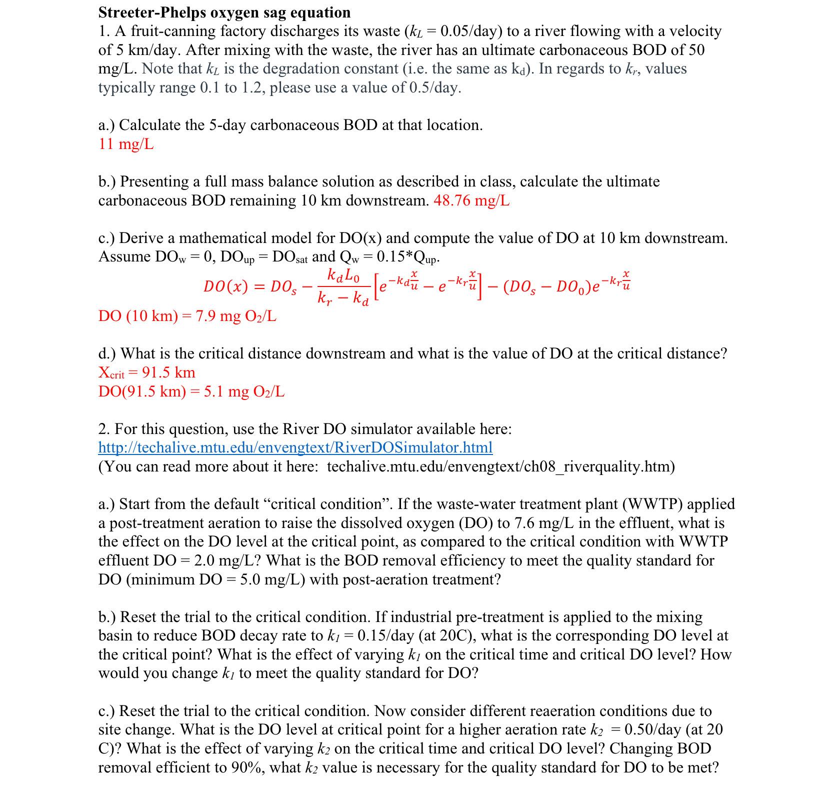 Streeter-Phelps oxygen sag equation 1. A | Chegg.com