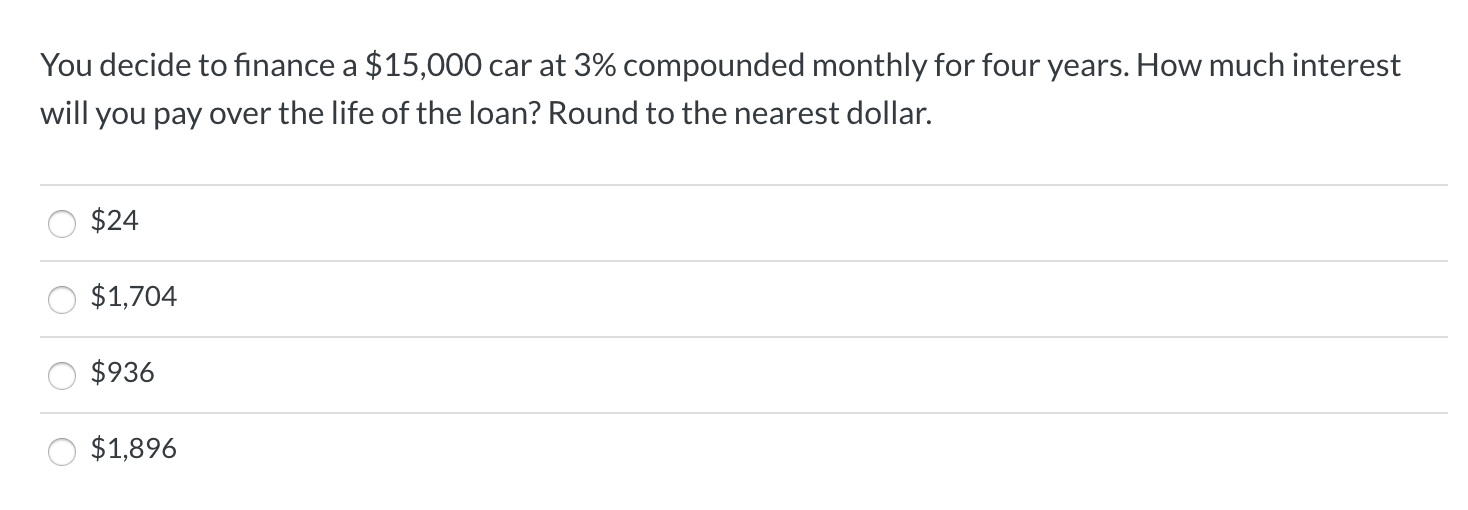 Solved You decide to finance a $15,000 car at 3% compounded | Chegg.com