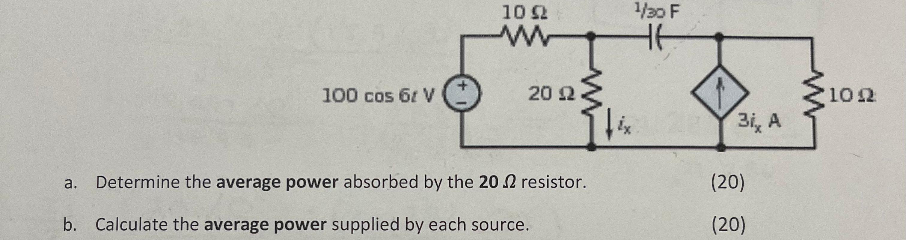 Solved a. Determine the average power absorbed by the 20Ω | Chegg.com