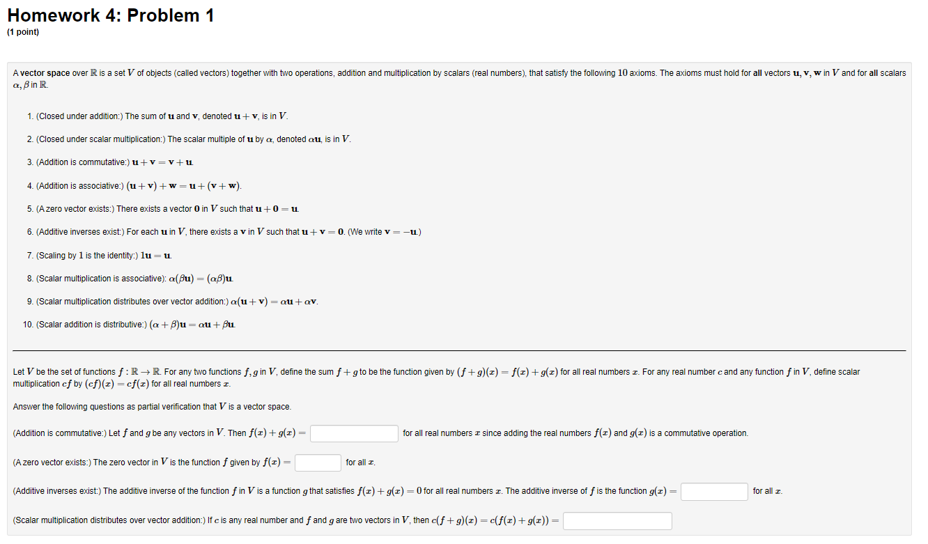 Solved α,β in R 1. (Closed under addition:) The sum of u and | Chegg.com