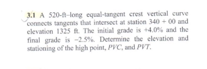 Solved 3.1 A 520-ft-long equal-tangent crest vertical curve | Chegg.com