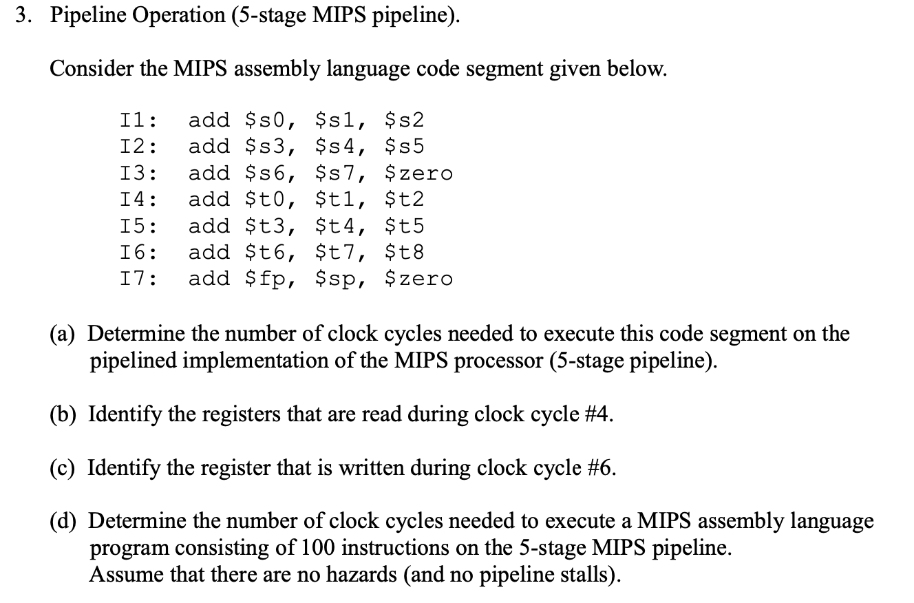 3. Pipeline Operation (5-stage MIPS pipeline). | Chegg.com