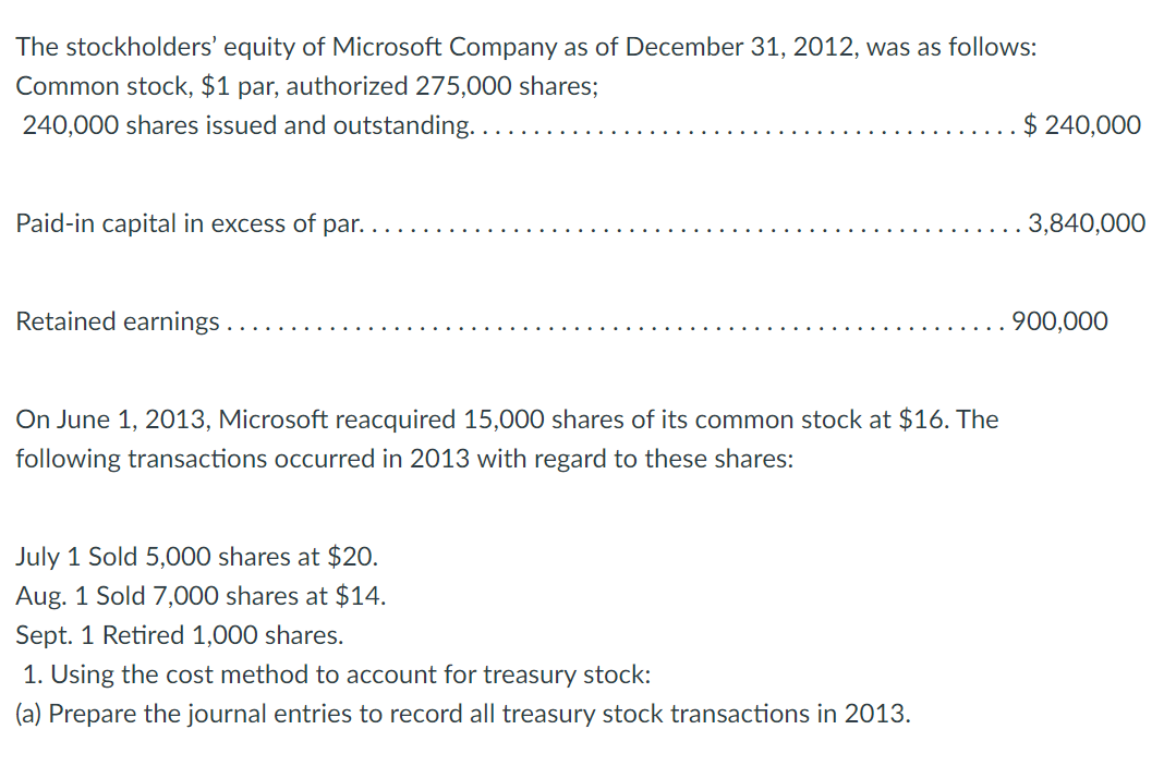 Solved The stockholders' equity of Microsoft Company as of | Chegg.com