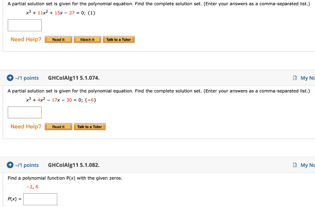 Solved A partial solution set is given for the polynomial | Chegg.com
