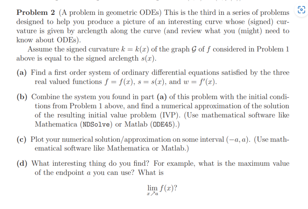 Solved Problem 2 (A problem in geometric ODEs) This is the | Chegg.com