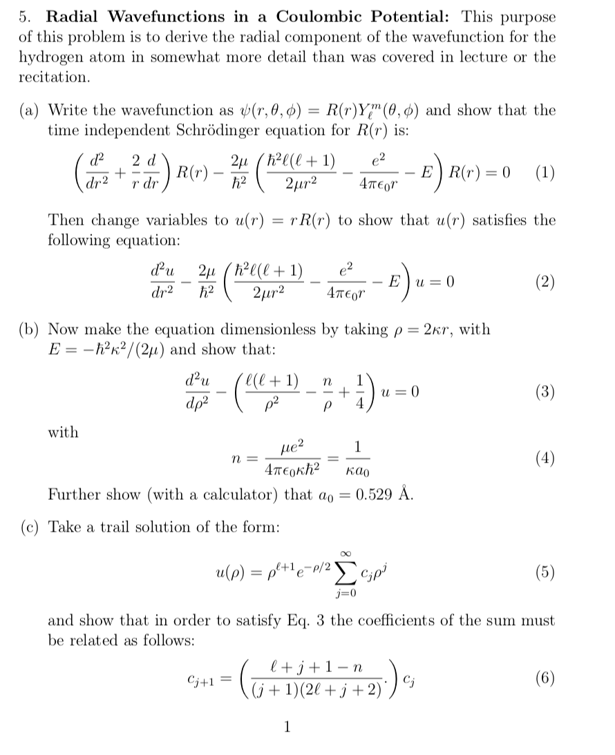 Solved 5. Radial Wavefunctions in a Coulombic Potential: | Chegg.com