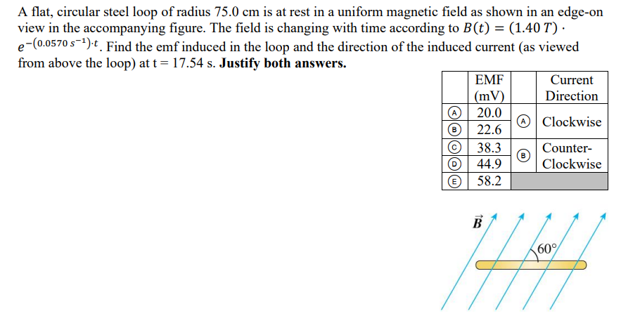 Solved A flat, circular steel loop of radius 75.0cm ﻿is at | Chegg.com