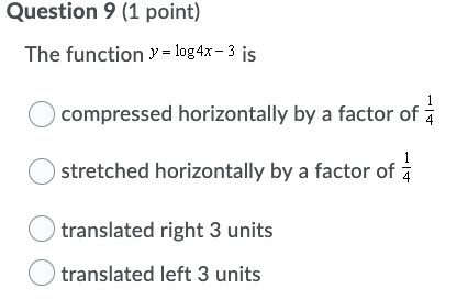 Solved Question 9 (1 point) The function y = log4x – 3 is | Chegg.com