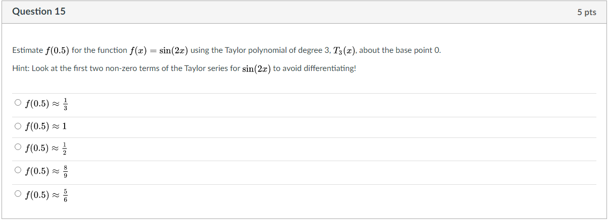 Solved Question 15 5 pts Estimate f(0.5) for the function | Chegg.com