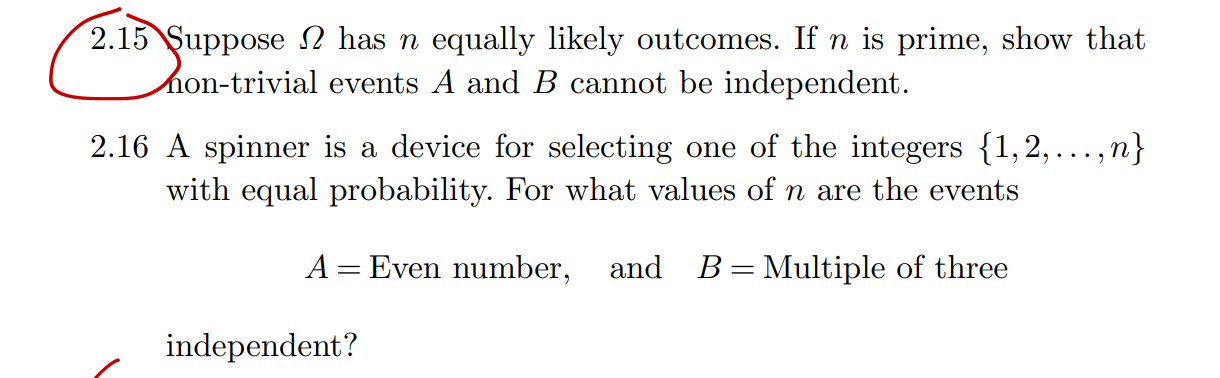 Solved 2.15 Suppose Ω has n equally likely outcomes. If n is | Chegg.com
