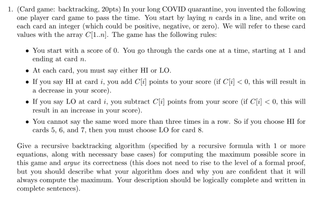 1. (Card game: backtracking, 20pts) In your long | Chegg.com