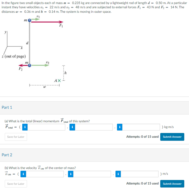 Solved In the figure two small objects each of mass m=0.235 | Chegg.com