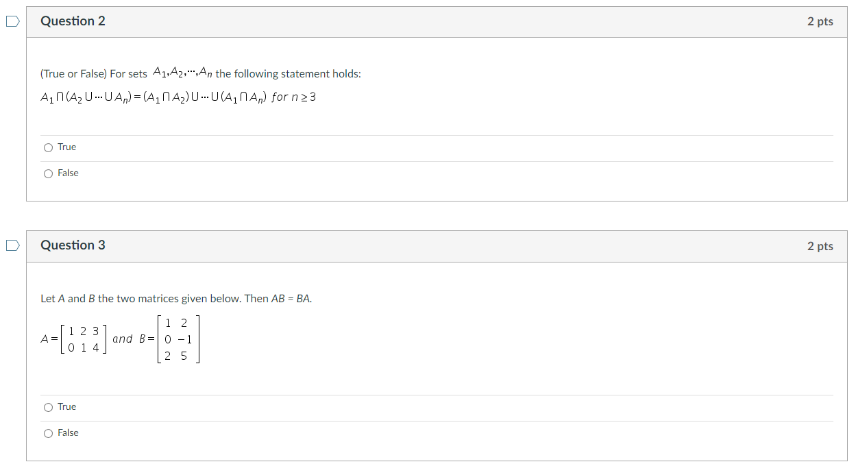 Solved (True or False) For sets A1,A2,⋯,An the following | Chegg.com