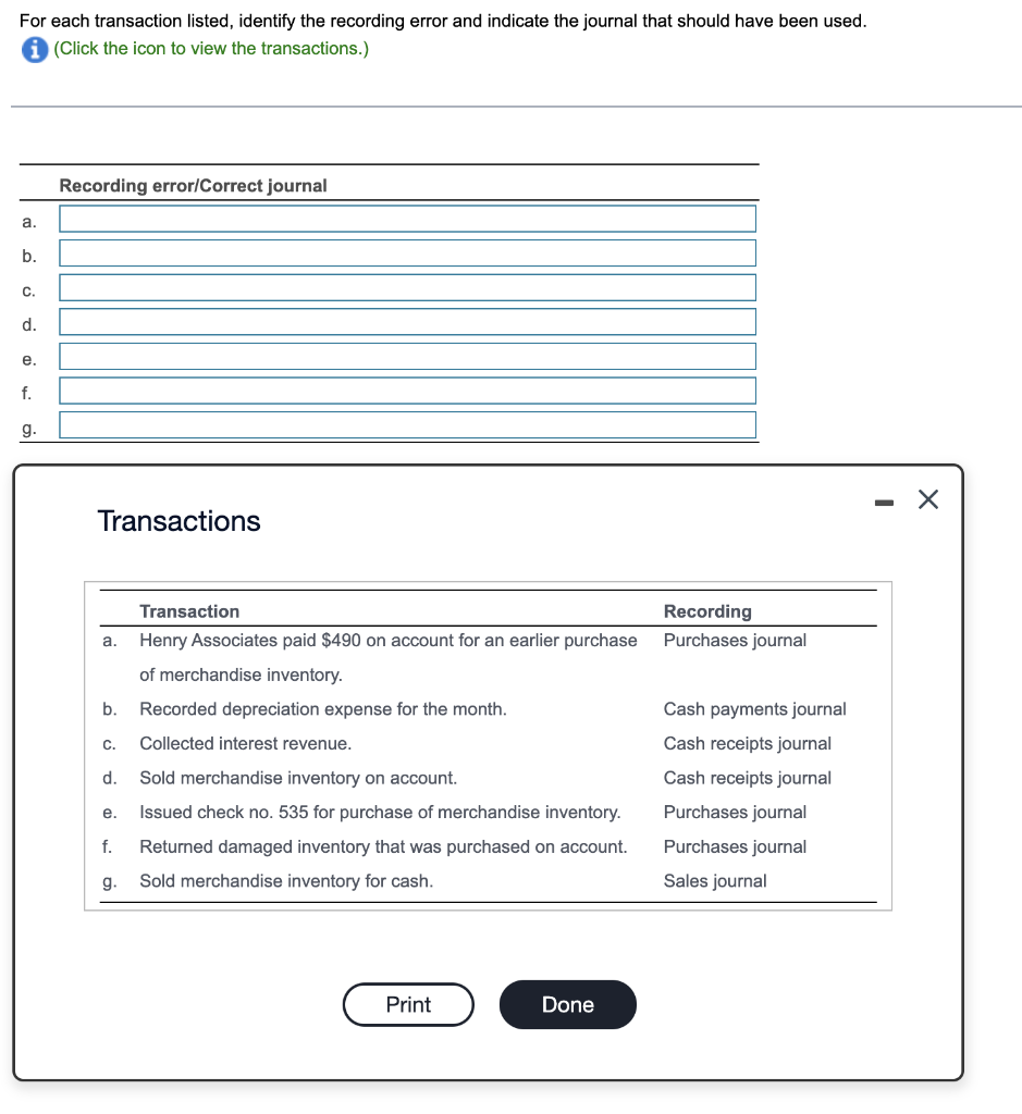 Solved For each transaction listed, identify the recording | Chegg.com