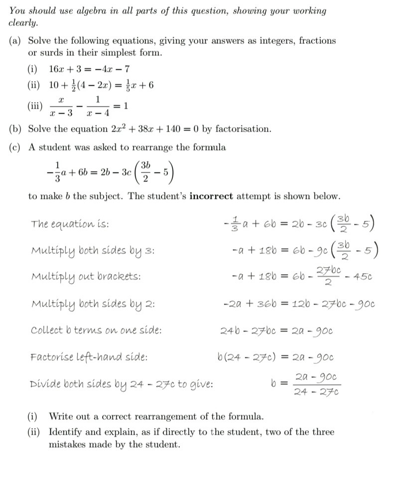 Solved You should use algebra in all parts of this question, | Chegg.com