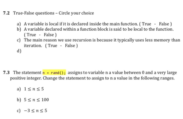 Solved 7.2 True-False questions - Circle your choice ) A | Chegg.com