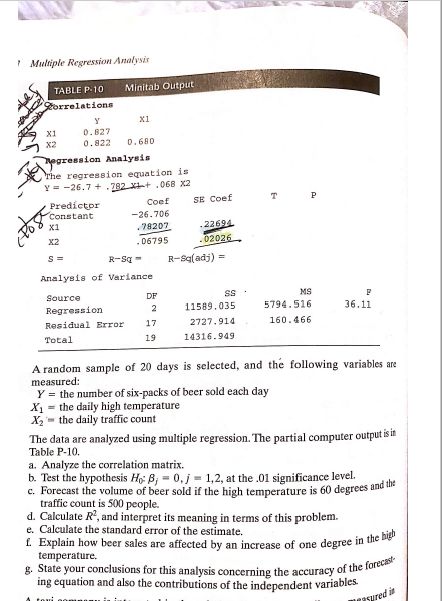 Solved Multiple Regression Analysis T P TABLE P-10 Minitab | Chegg.com