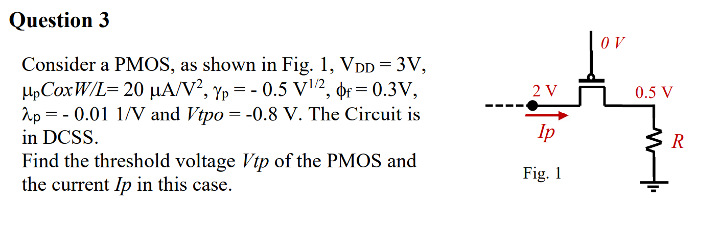 Solved Consider a PMOS, as shown in Fig. 1,VDD=3 V, | Chegg.com