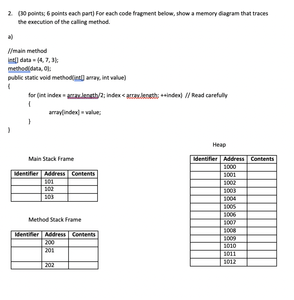 For The Code Fragment Below Show A Memory Diagram 