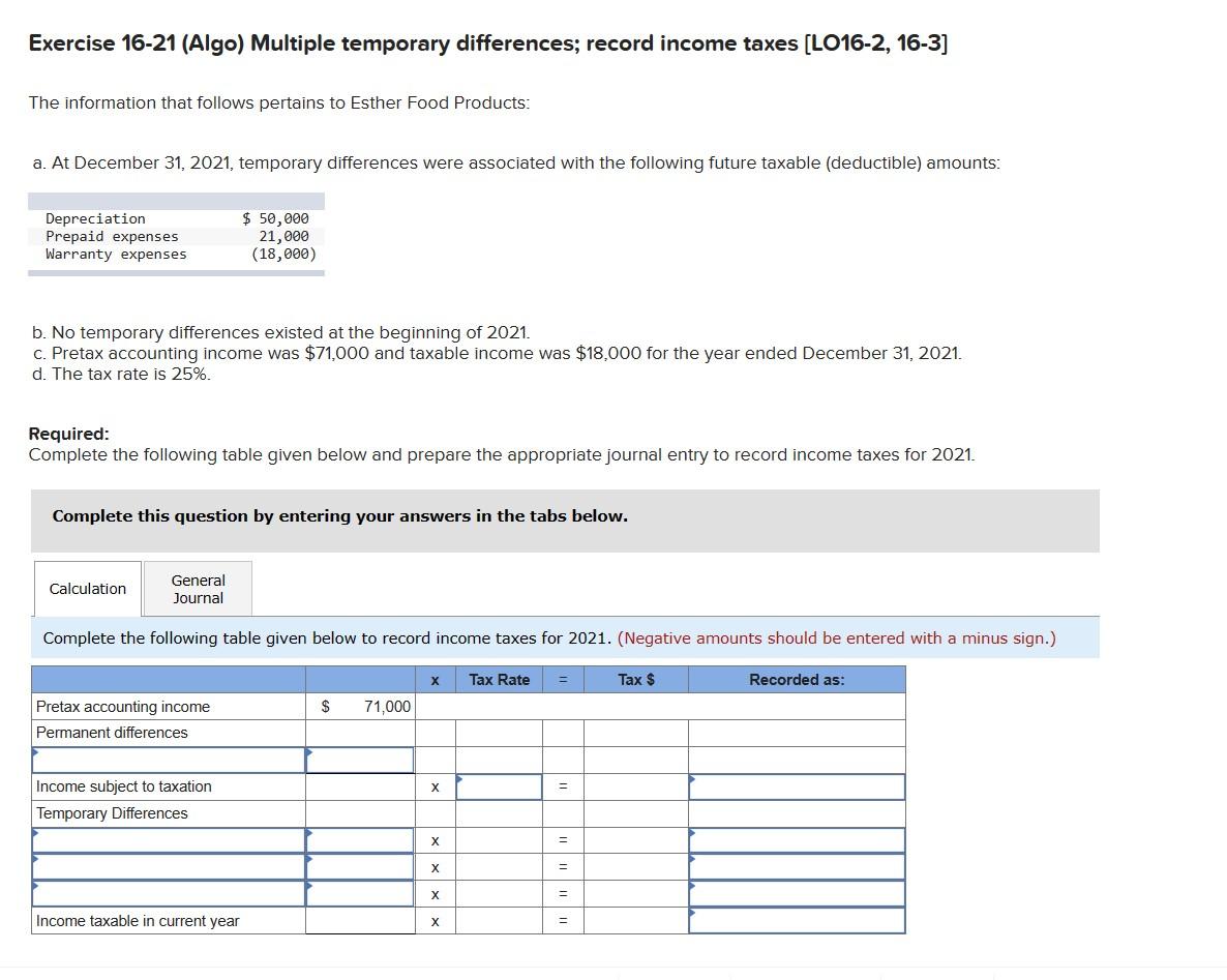 Solved Exercise 16-21 (Algo) Multiple temporary differences; | Chegg.com