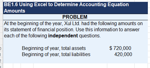Solved BE1.6 Using Excel to Determine Accounting Equation | Chegg.com