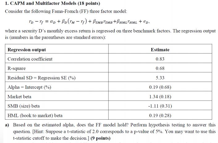 1. CAPM and Multifactor Models (18 points) Consider | Chegg.com