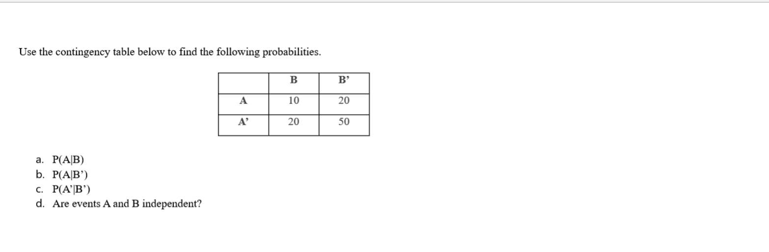 Solved Use the contingency table below to find the following | Chegg.com