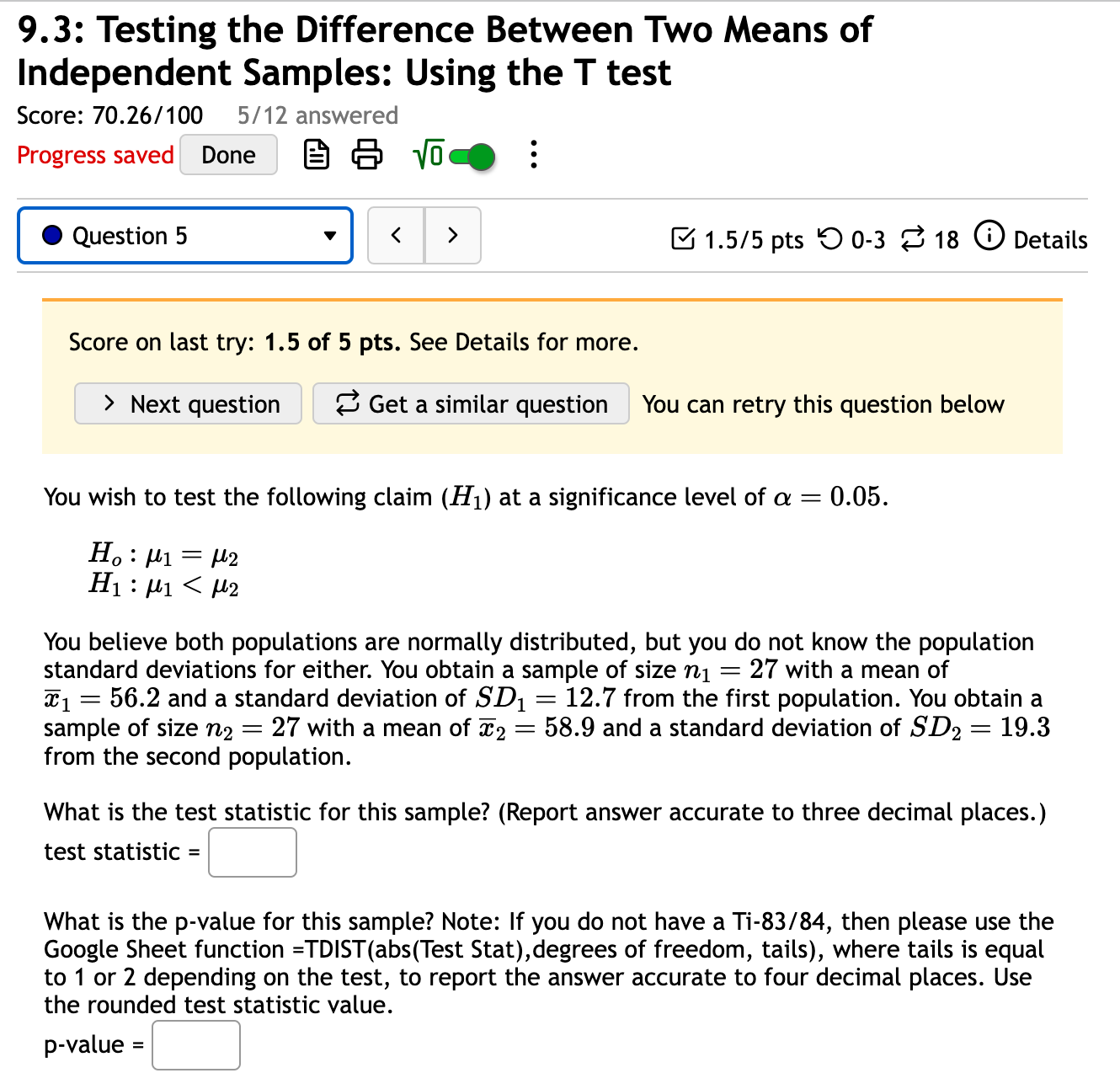 Solved 9.3: Testing the Difference Between Two Means of | Chegg.com