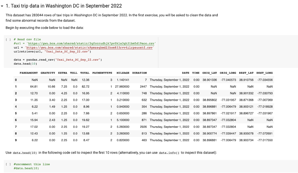 Solved 1. Taxi trip data in Washington DC in September 2022 | Chegg.com
