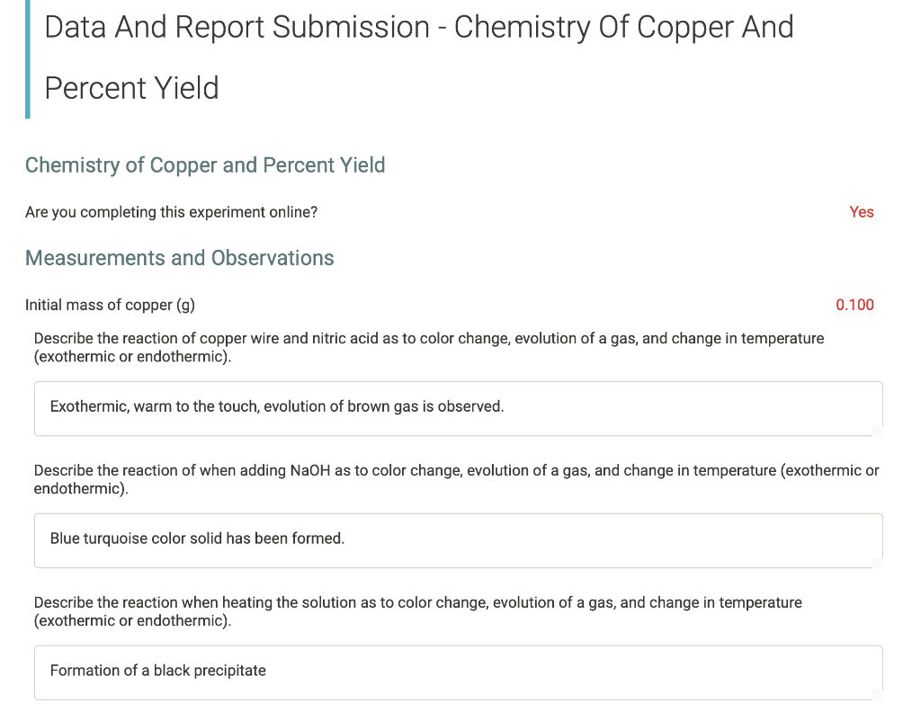 Data And Report Submission - Chemistry Of Copper And | Chegg.com