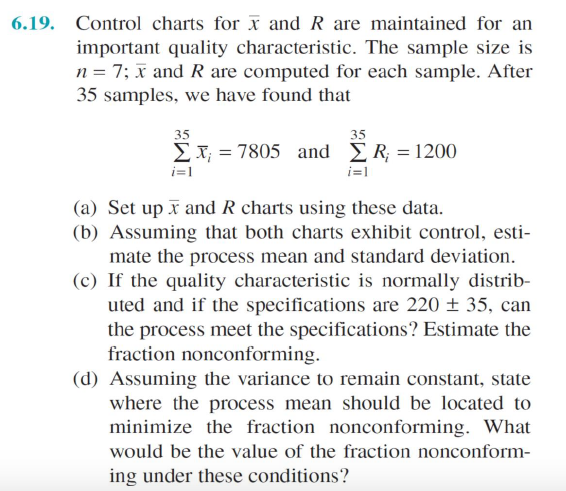Solved 6.19. Control charts for x and R are maintained for | Chegg.com