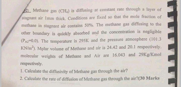 Solved 12: Methane gas (CH) is diffusing at constant rate | Chegg.com