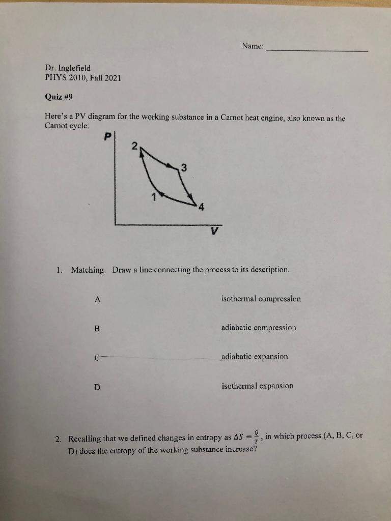 Solved Name: Dr. Inglefield PHYS 2010, Fall 2021 Quiz #9 | Chegg.com
