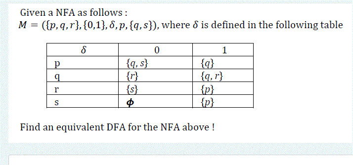 Solved Given a NFA as follows: M = ({p,q,r},{0,1},8, | Chegg.com
