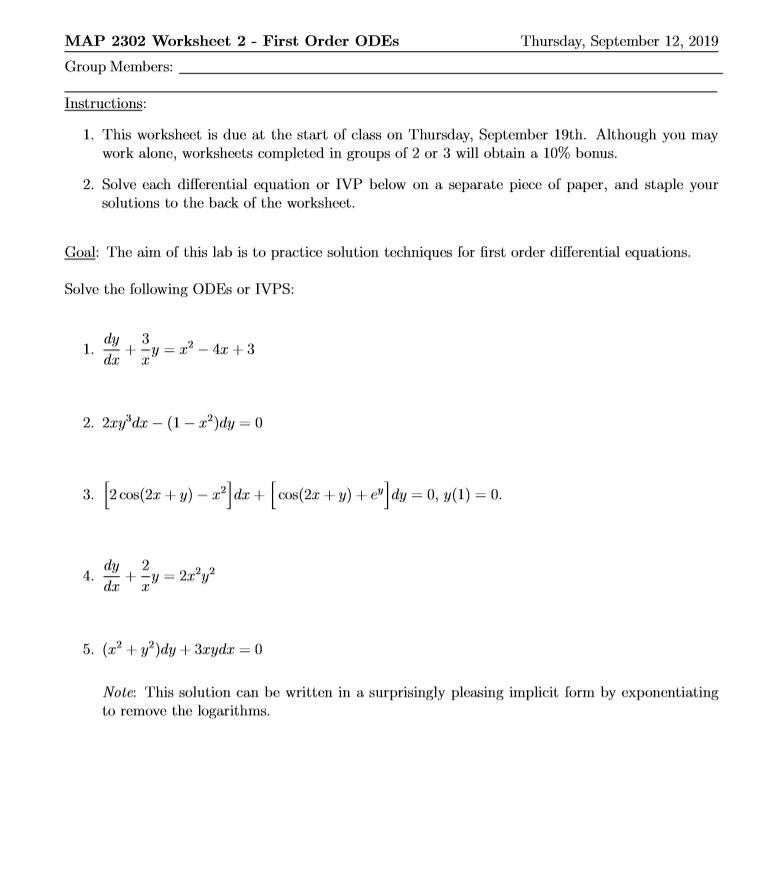 Solved Thursday, September 12, 2019 MAP 2302 Worksheet 2 - | Chegg.com