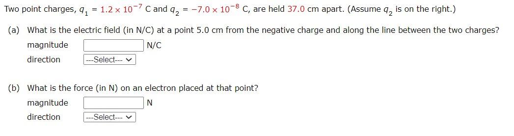 Solved Two point charges, q1=1.2×10−7C and q2=−7.0×10−8C, | Chegg.com