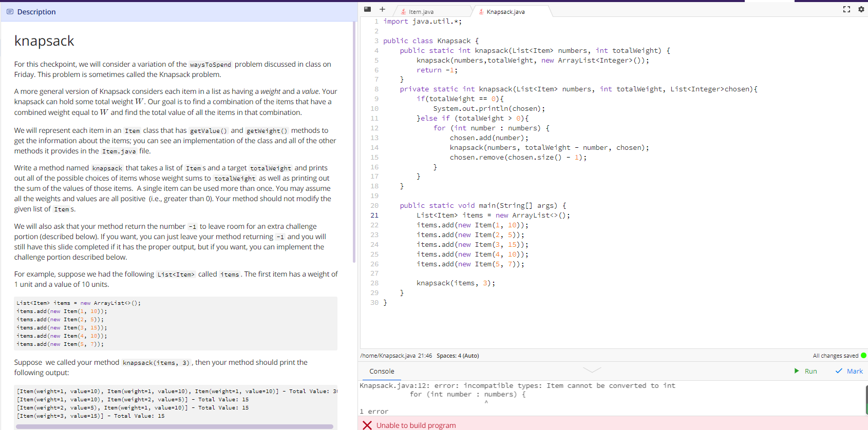 Solved + e Description knapsack.java Item.java 1 import | Chegg.com