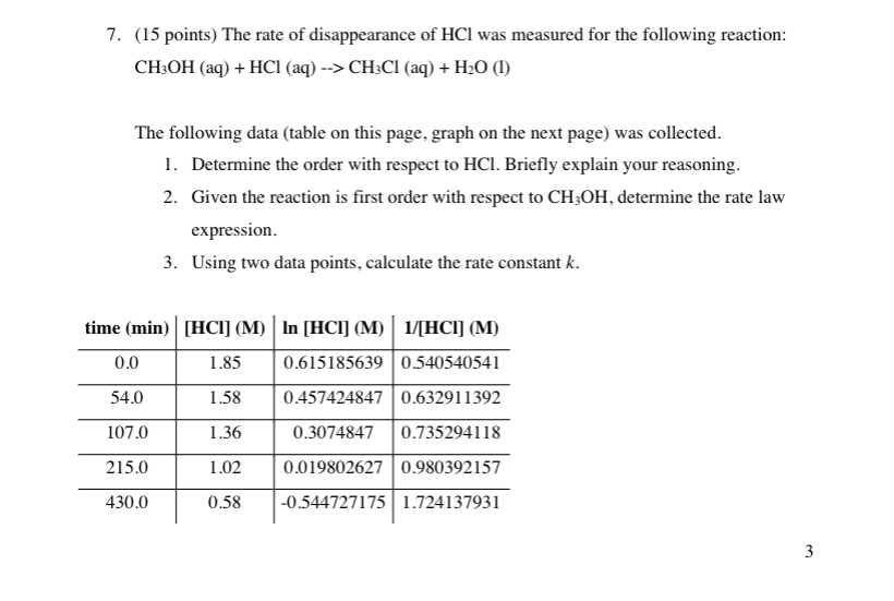 Solved 7. (15 points) The rate of disappearance of HCl was | Chegg.com