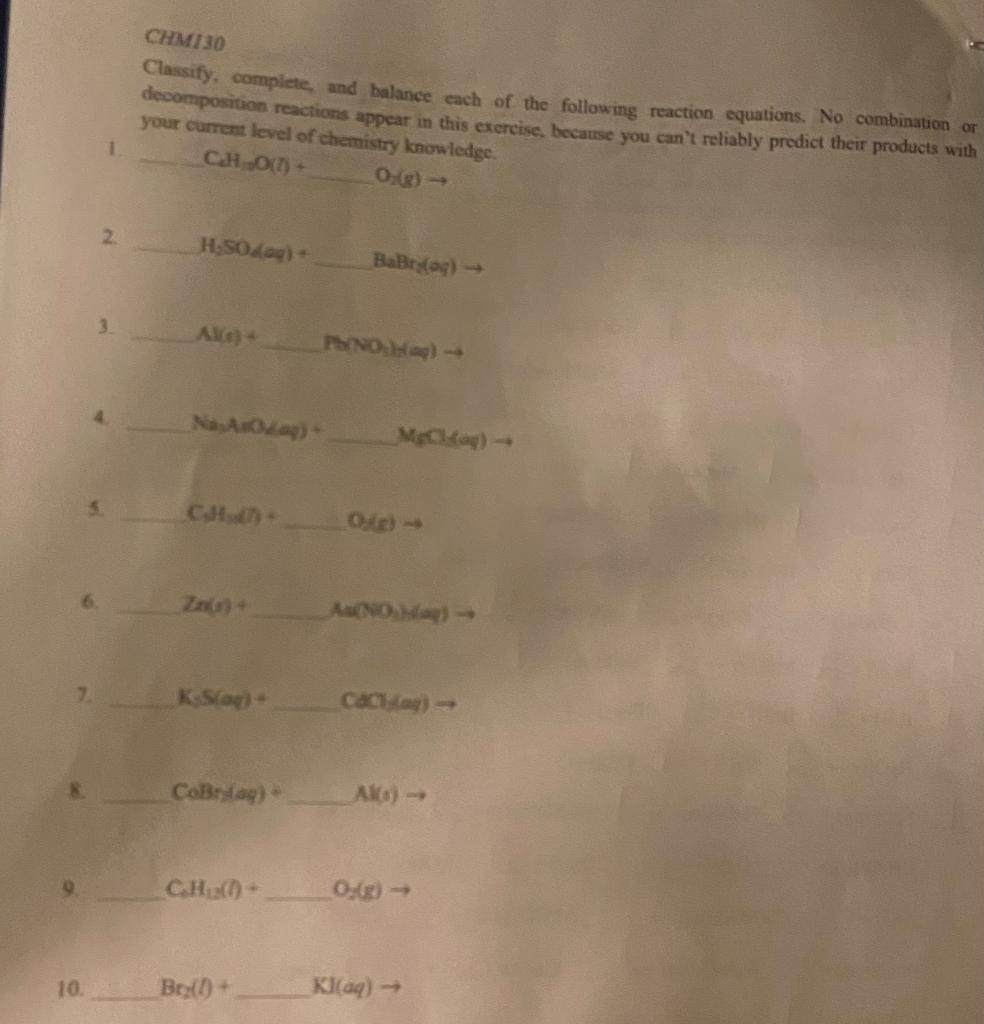 Solved CHMI 30 Classify, complete, and balance each of the | Chegg.com